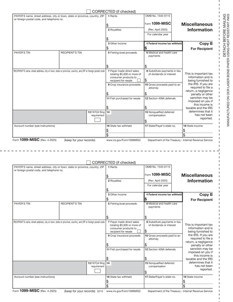 1099-MISC, 2-Up, Recipient Copy B, 5111 – W-2TaxForms.com