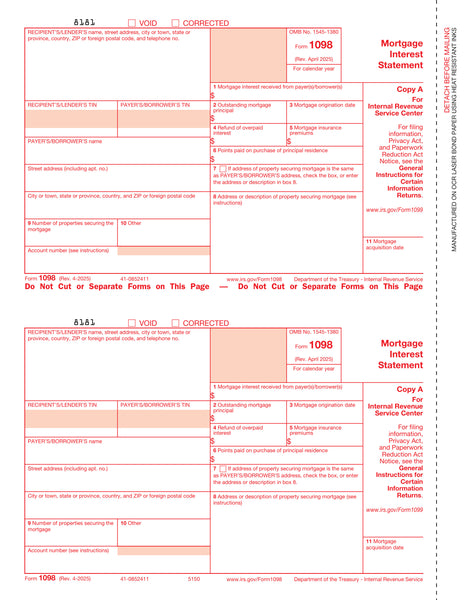 1098-Mortgage Interest, 2-Up, Fed Copy A – W-2TaxForms.com