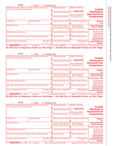 1099-PATR, 3-Up, Fed Copy A (Patronage) – W-2TaxForms.com