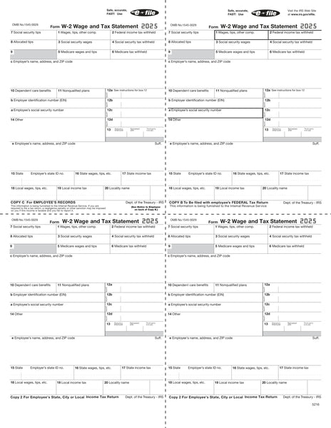 W-2, 4-Up Box, Employee Copy B,C,2,2 or Extra Copy (W Style) Form 5216 ...