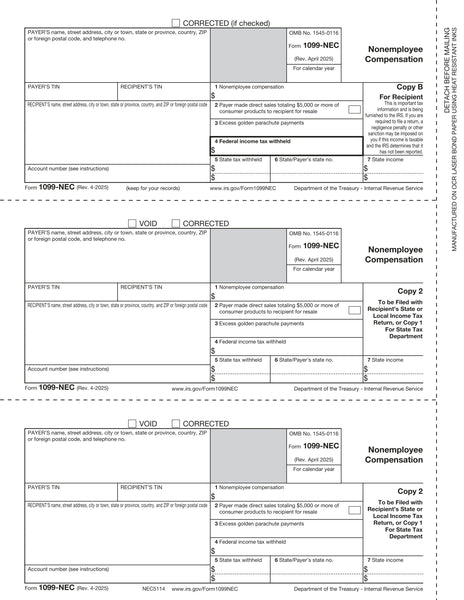 1099-NEC, Rec Copy B, C, State/Extra File Copy, NEC5114 – W-2TaxForms.com