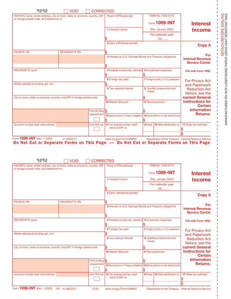 1099-INT, 2-Up, Federal Copy A – W-2TaxForms.com