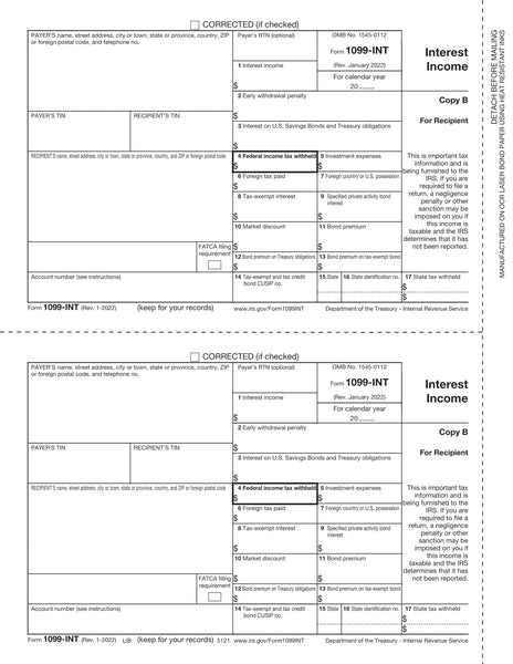 1099-INT, 2-Up, Recipient Copy B – W-2TaxForms.com